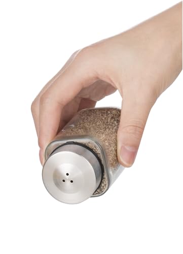 J&M Design Salt And Pepper Shakers Set Glass Bottle Stainless Steel Lid For Kitchen Tabletop Spice Seasoning Or Travel Set Of 2 Refillable Jar Dispenser Container Shaker