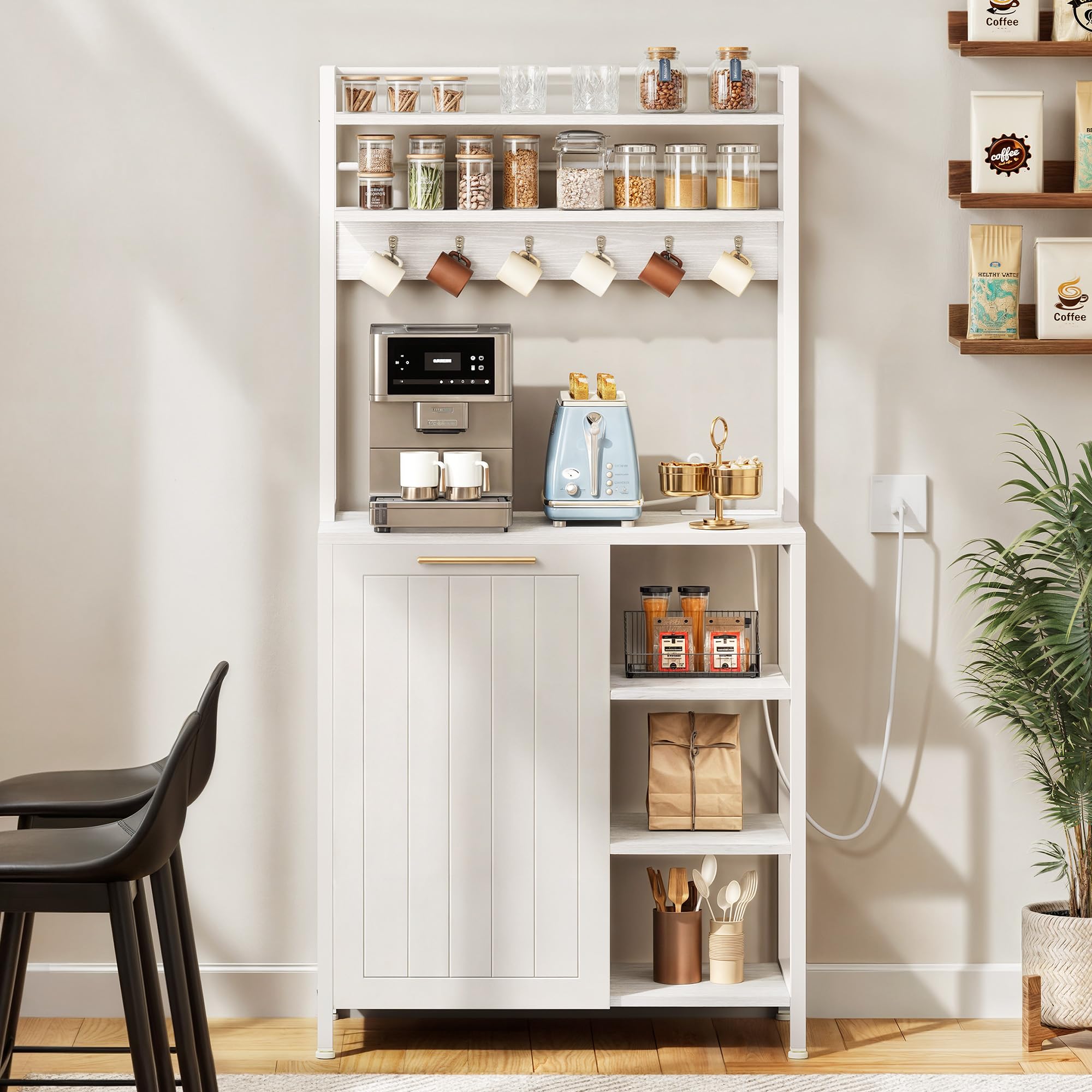 DWVO 10 Gallon Tilt Out Trash Bin Cabinet Rack with Power Outlet, Kitchen Tall Pantry Storage Cabinet Fit Garbage Can Tilt Out, Laundry Hamper for Kitchen, White