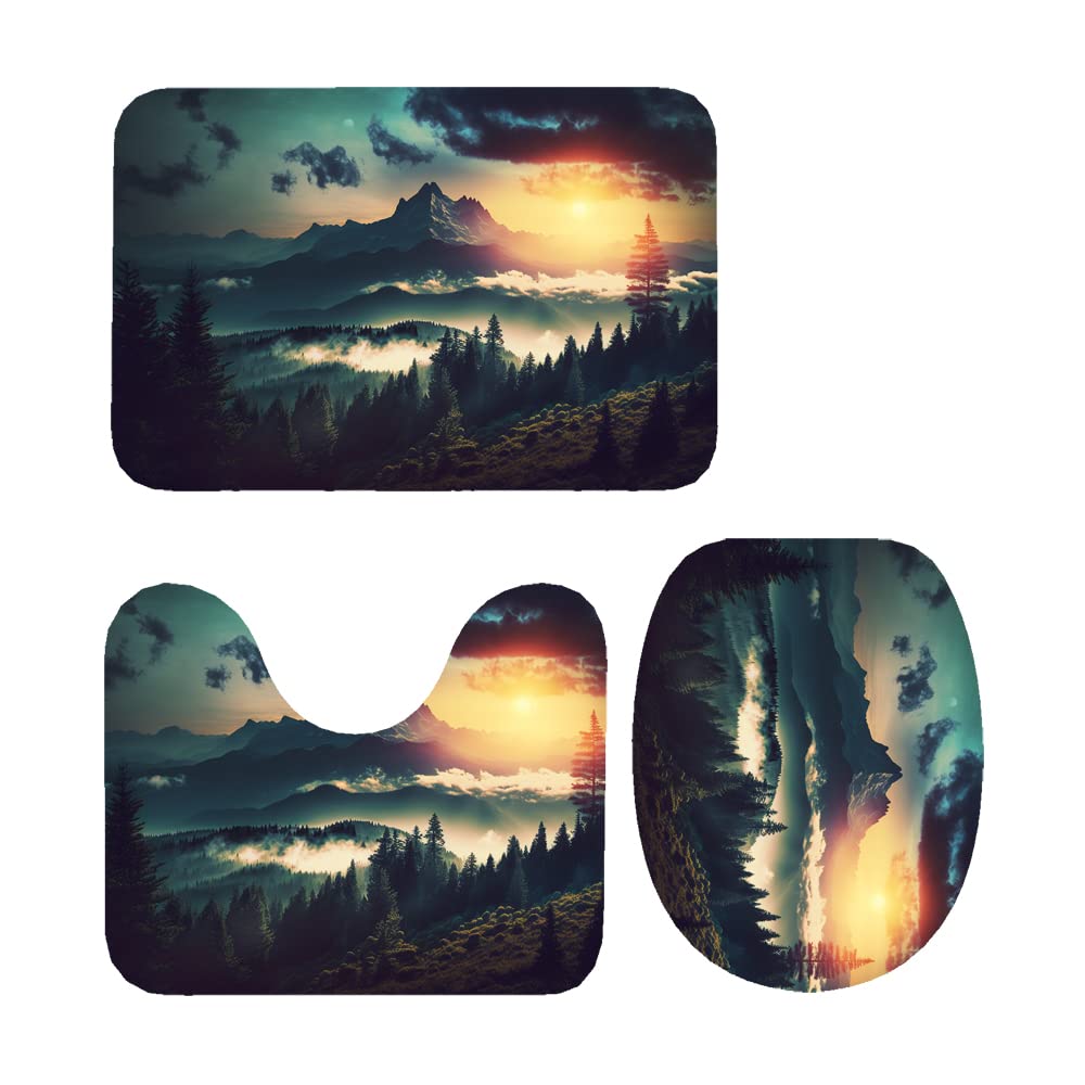 Chieraf Mountain Forest Tree Sunset Rugs Mats Sets Toilet Cover Cushion 3 Piece, Kitchen Sink Mat Machine Washable Non-Slip Soft Indoor Bath Mat