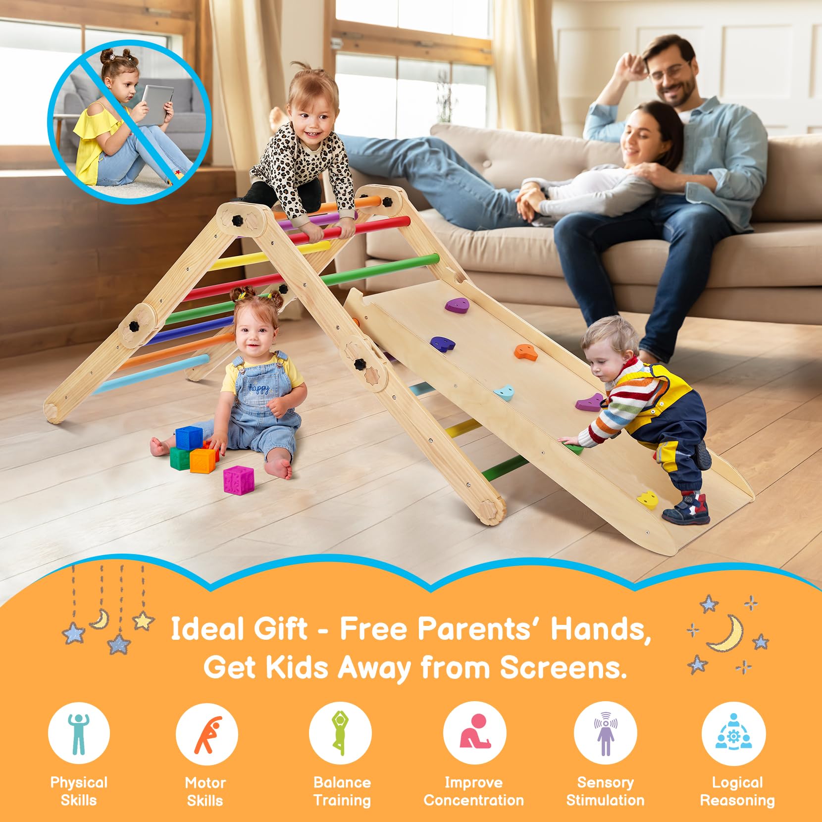 Dripex Pikler Triangle Set, Foldable 20-in-1 Climbing Triangle with Thickened 2-in-1 Ramp, Montessori Wooden Indoor Playground and Gym for Toddlers(Colorful)