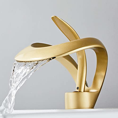 Elegant Waterfall Single Handle 1-Hole Bathroom Vessel Sink Faucet Bathroom Faucet Solid Brass Bathroom Vessel Sink Faucet Vanity Sink Faucet Mixer Basin Tap cUPC Certified(Frosted Gold)