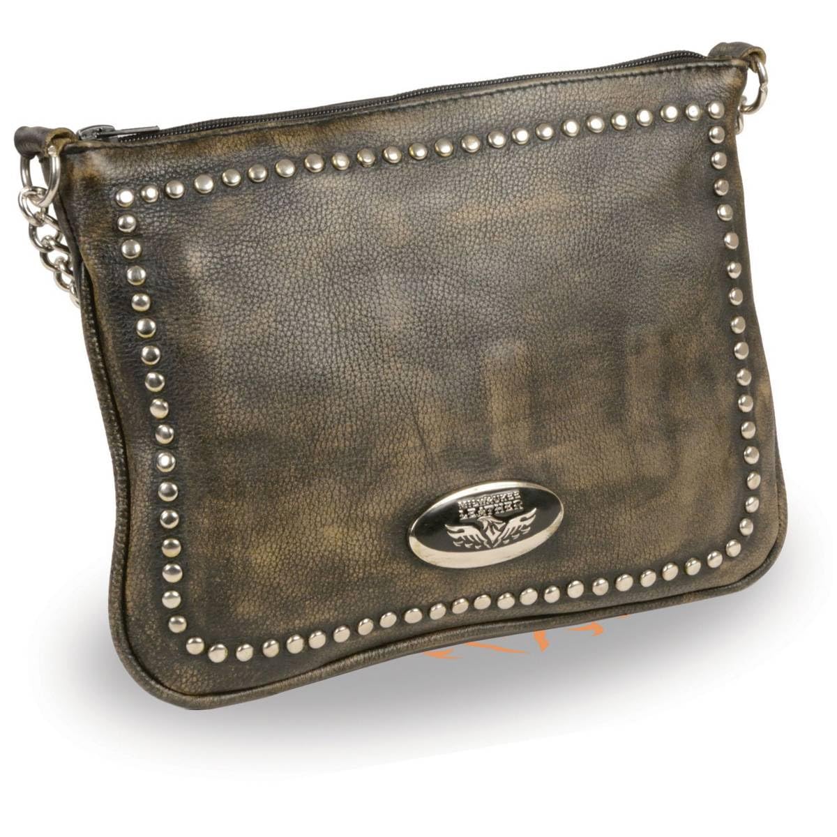 Milwaukee Leather MP8810 Women's Distress Brown Chain Strap Riveted Shoulder Bag - One Size