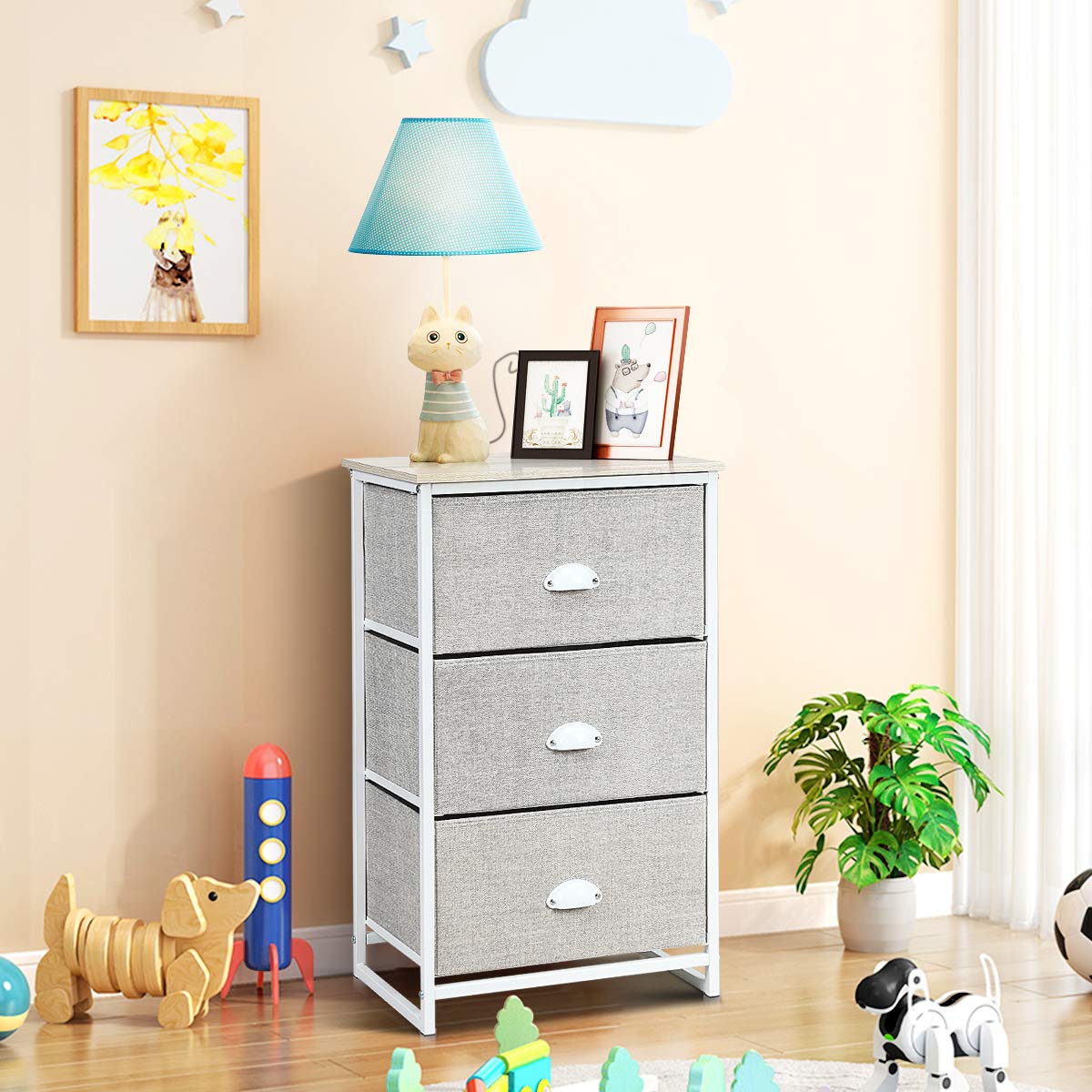 Giantex Dresser Storage Tower Nightstand W/Fabric Drawers, Sturdy Steel Frame and Wood Top Organizer Unit for Bedroom, Living Room, Entryway,Closets End Table Storage Unit (29ββ(H), White)
