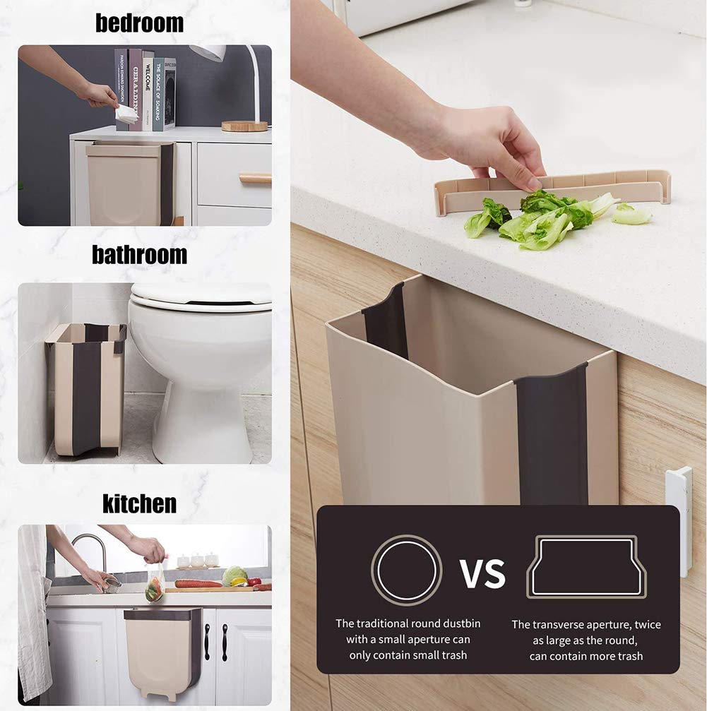 LINKINTEREST Hanging Trash Can,Silicone Folding Waste Bins Kitchen Foldable Trash Can Collapsible Small Garbage Can Compact Portable Waste Bin for Home Kitchen Room Cabinet Door Drawer - 6L