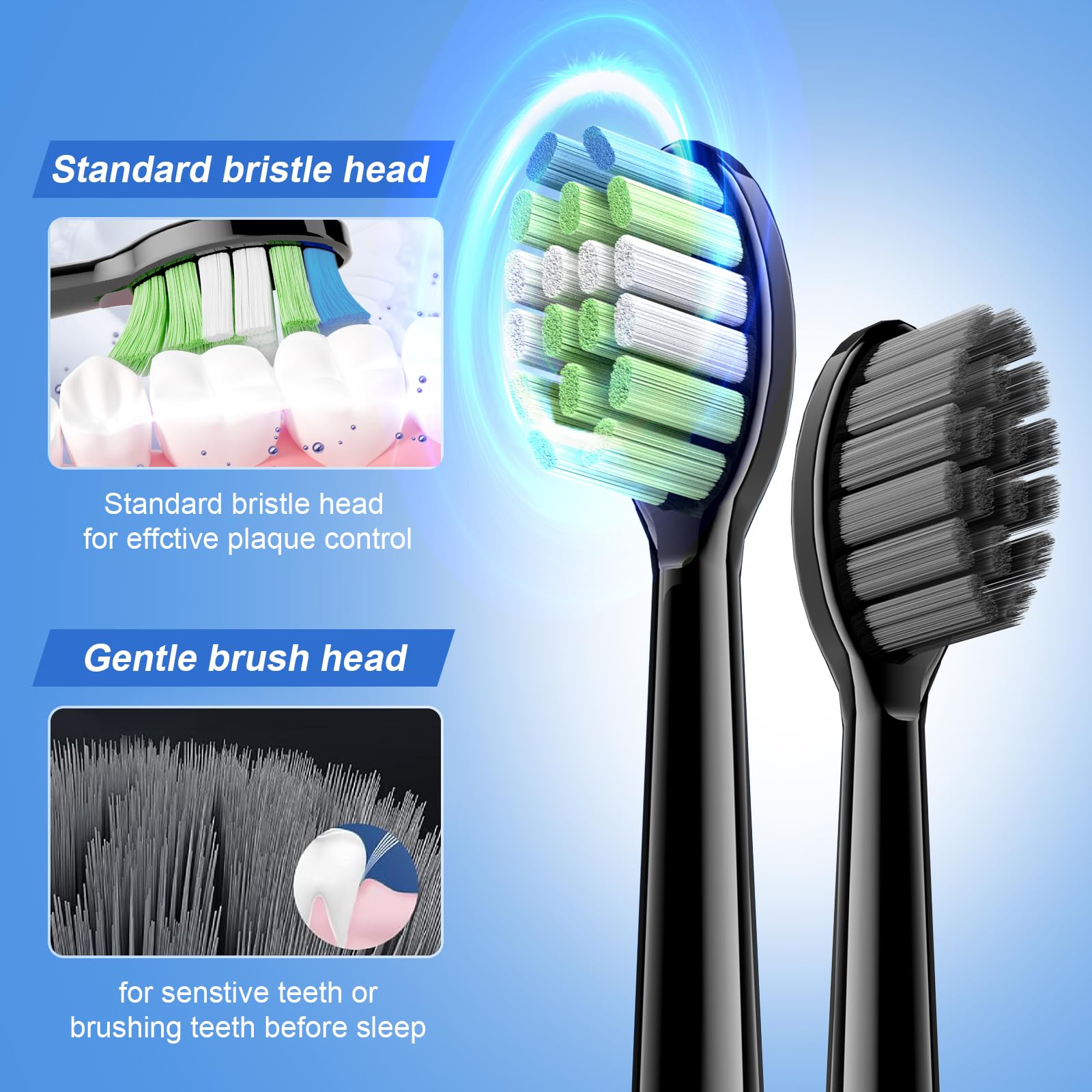 JTF Sonic Electric Toothbrush for Adults - Teeth Whitening Toothbrush with 6 Brush Heads and a Travel Case, Fast Charging for 60 Days Use Waterproof Toothbrushes, Black