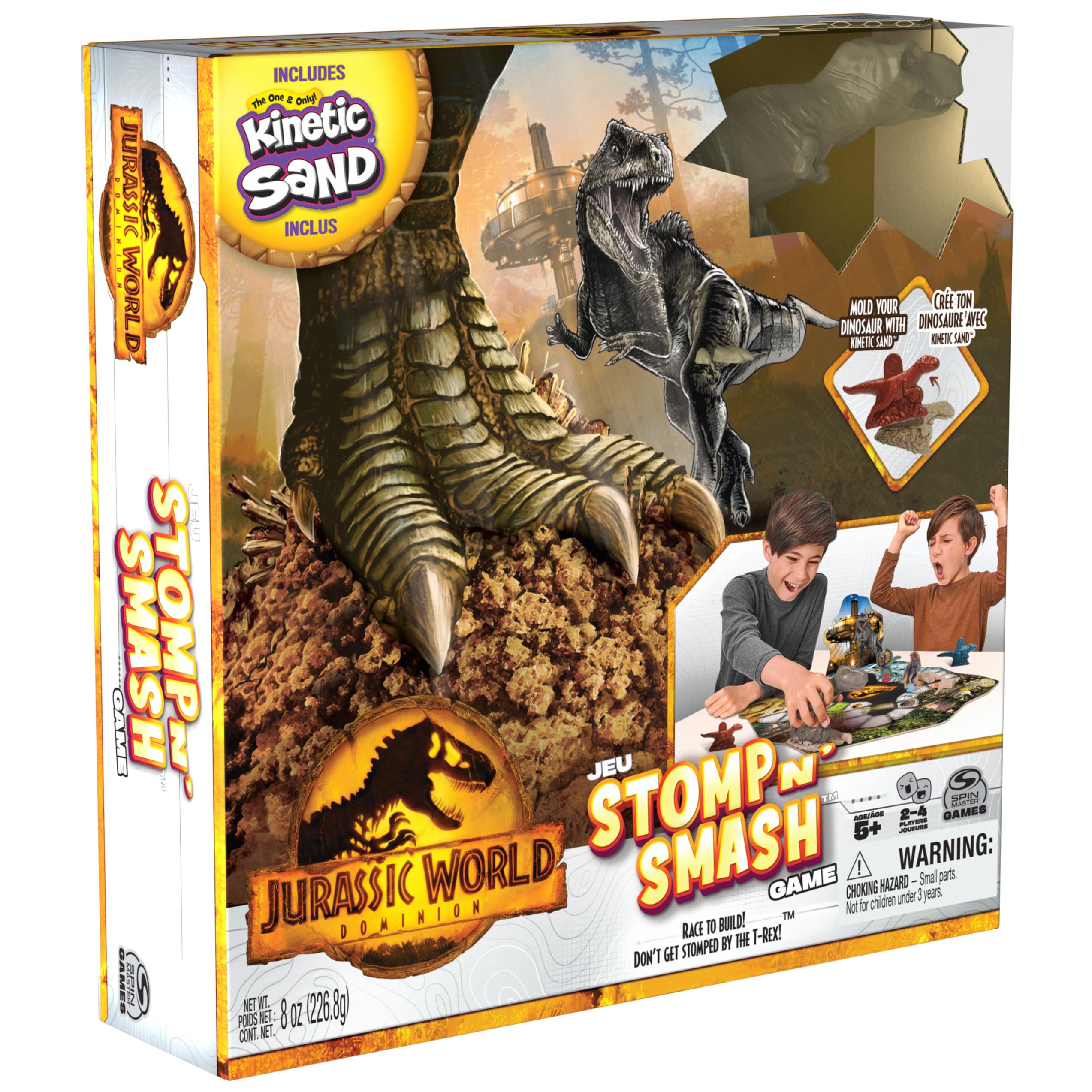Spin Master Games, Jurassic World Dominion, Stomp N’ Smash Board Game Sensory Dinosaur Toy with Kinetic Sand, Christmas Gifts for Kids, for Ages 5+