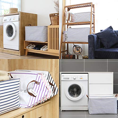 Hinwo 2-Pack 70L Extra Large Canvas Fabric Storage Bins with 77L Laundry Hamper, Navy Stripe