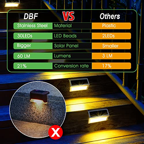 DBF 30 LED Solar Step Lights Outdoor【6 Pack-Warm White】 Stainless Steel Bright Solar Deck Lights Waterproof Solar Stair Lights with Auto On/Off Solar Lights for Decks Steps Fence Patio Yard Pathway