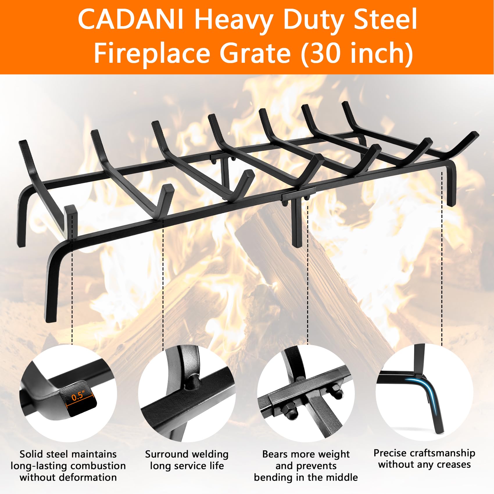 CADANI Fireplace Grate 24" Fire Grate - Cast Iron Fireplace Log Grate with 7 Solid Steel Bars - for Fireplace Fire Pit Wood Stove Both Indoor and Outdoor Use