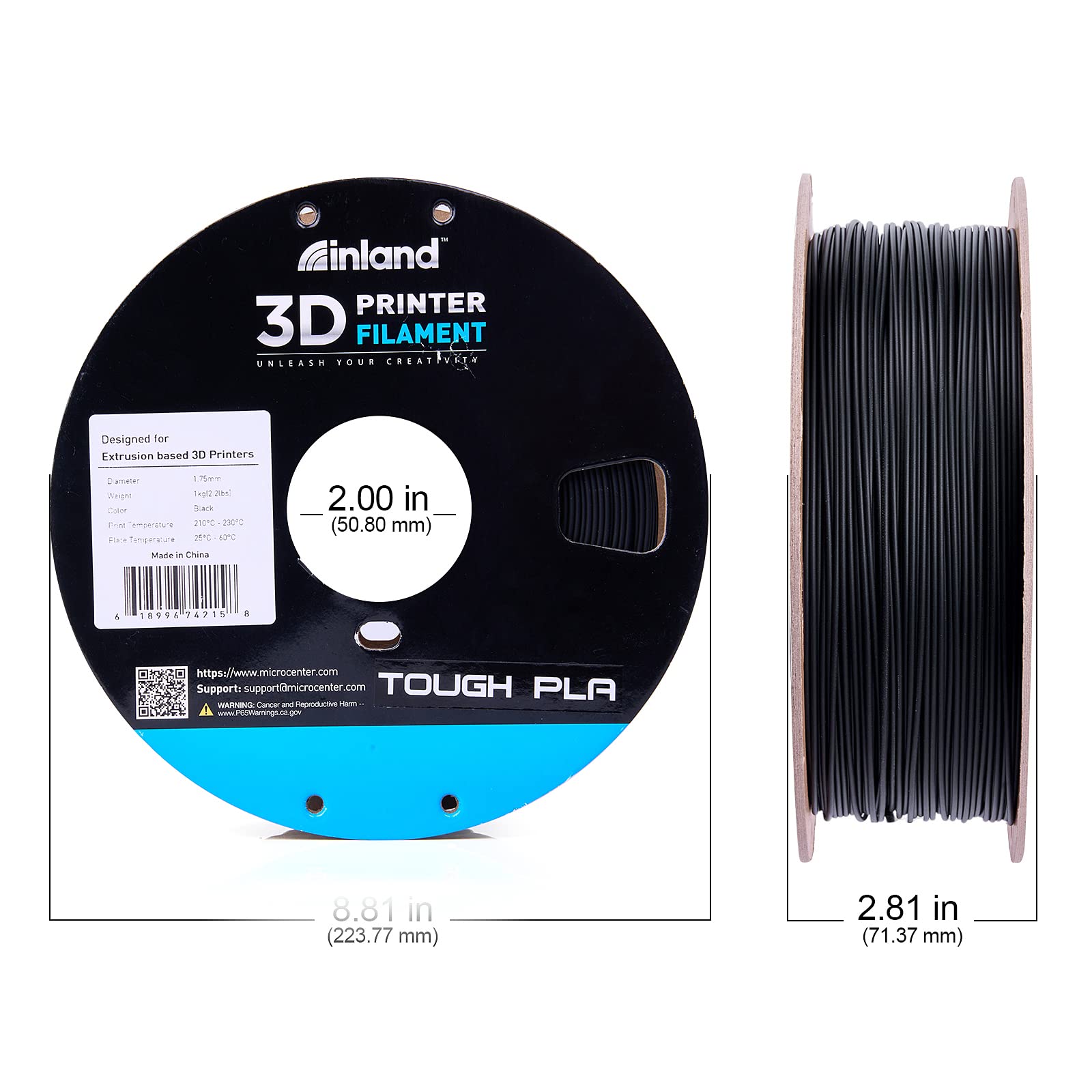 INLAND Micro Center Tough PLA 3D Printer Filament 1.75mm - Professional Toughness Enhanced PLA - Dimensional Accuracy +/- 0.03 mm - 1kg Spool (2.2 lbs) - High Impact Strength - Black