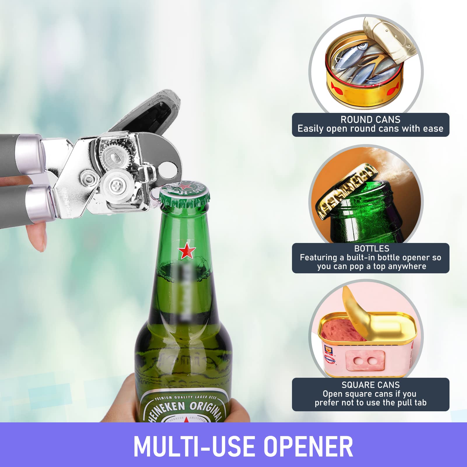 Can Opener Manual, Easy Grip Handheld Can Opener Smooth Edge, Can Openers with Sharp Blade,Safety Effort-Saving Can Opener for Seniors Mama, Kitchen, Commercial Bottles Opener Gray
