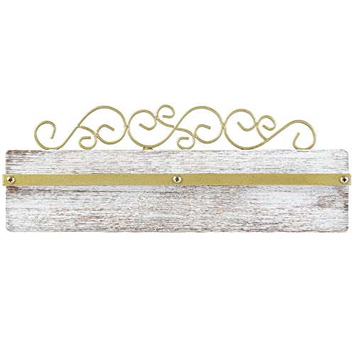 MyGift Vintage Whitewashed Wood Wall Mounted Sunglasses Rack, Entryway Glasses Holder Eyewear Display with Rail Hanger and Scrollwork Brass Tone Metal Design