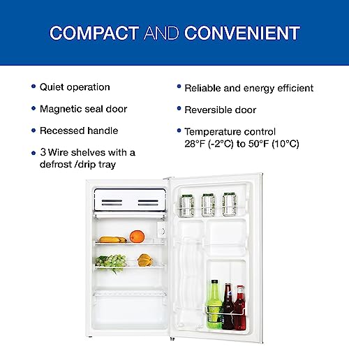Koolatron Compact Fridge w/Freezer, 3.2 cu ft (91L), White, Space-Saving Flat Back Design, Reversible Door, Full-Width Freezer, Snacks, Beverages, Beer, Den, Dorm, Office, Rec Room, Home Bar