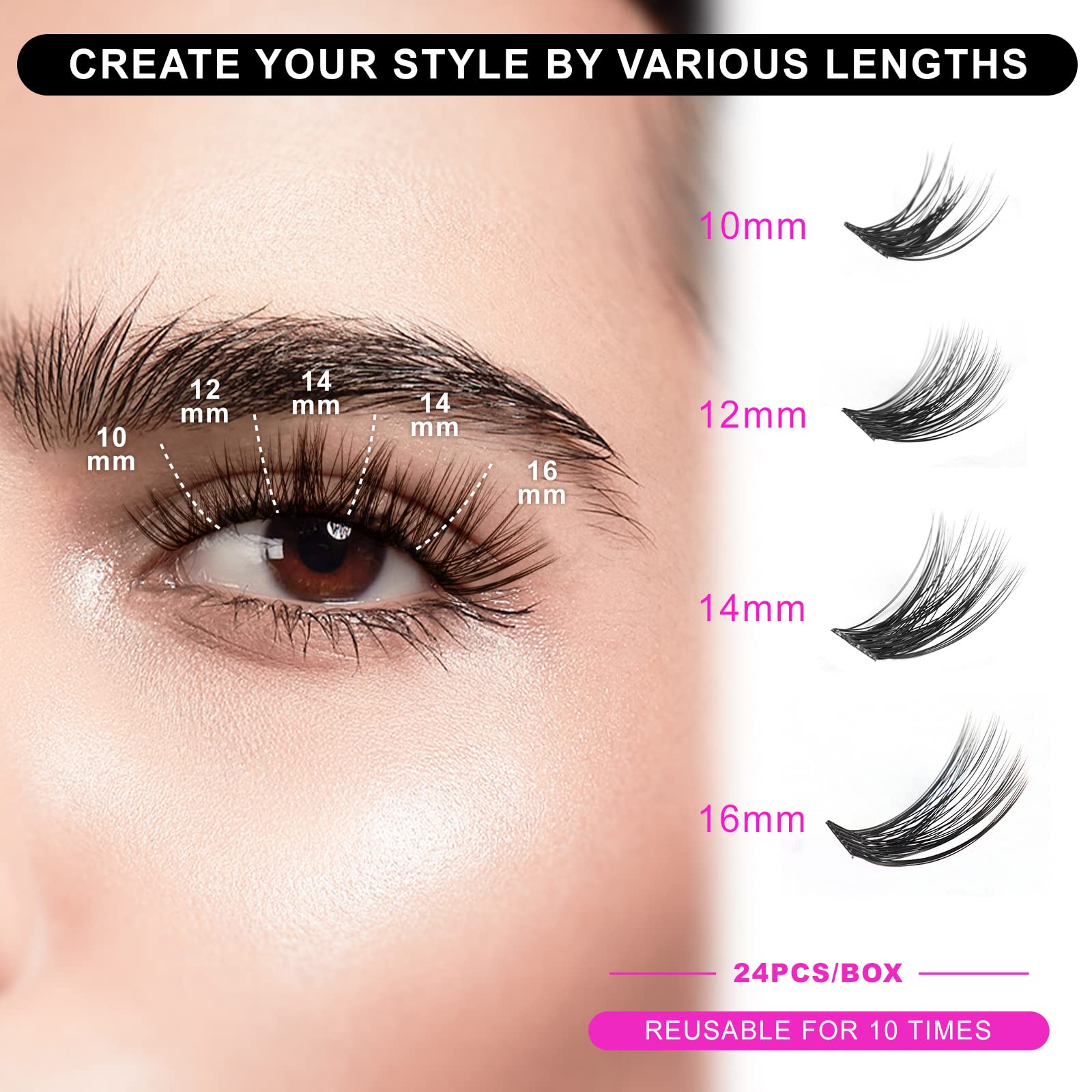 CAELYMINE DIY Eyelash Extension,Cluster Individual False Eyelashes Extension Natural Look Reusable Glue Bonded Black Super Thin Band 24 Lash Clusters Mix(703)