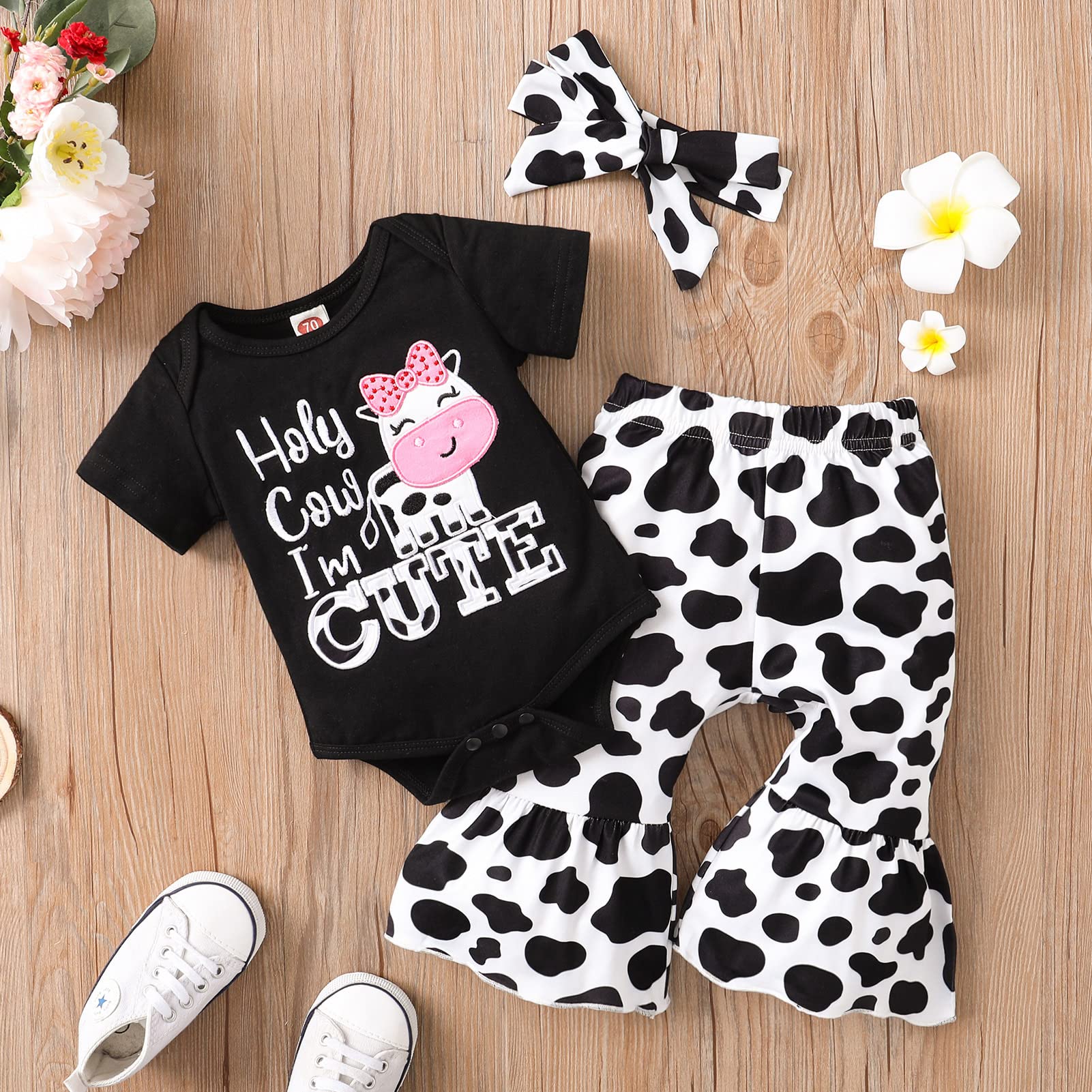 GRNSHTS Newborn Girl Clothes Baby Cow Letter Print Romper+Flared Long Pants+Headband 3PCS Cute Summer Fall Outfits (Black A, 0-3 Months)