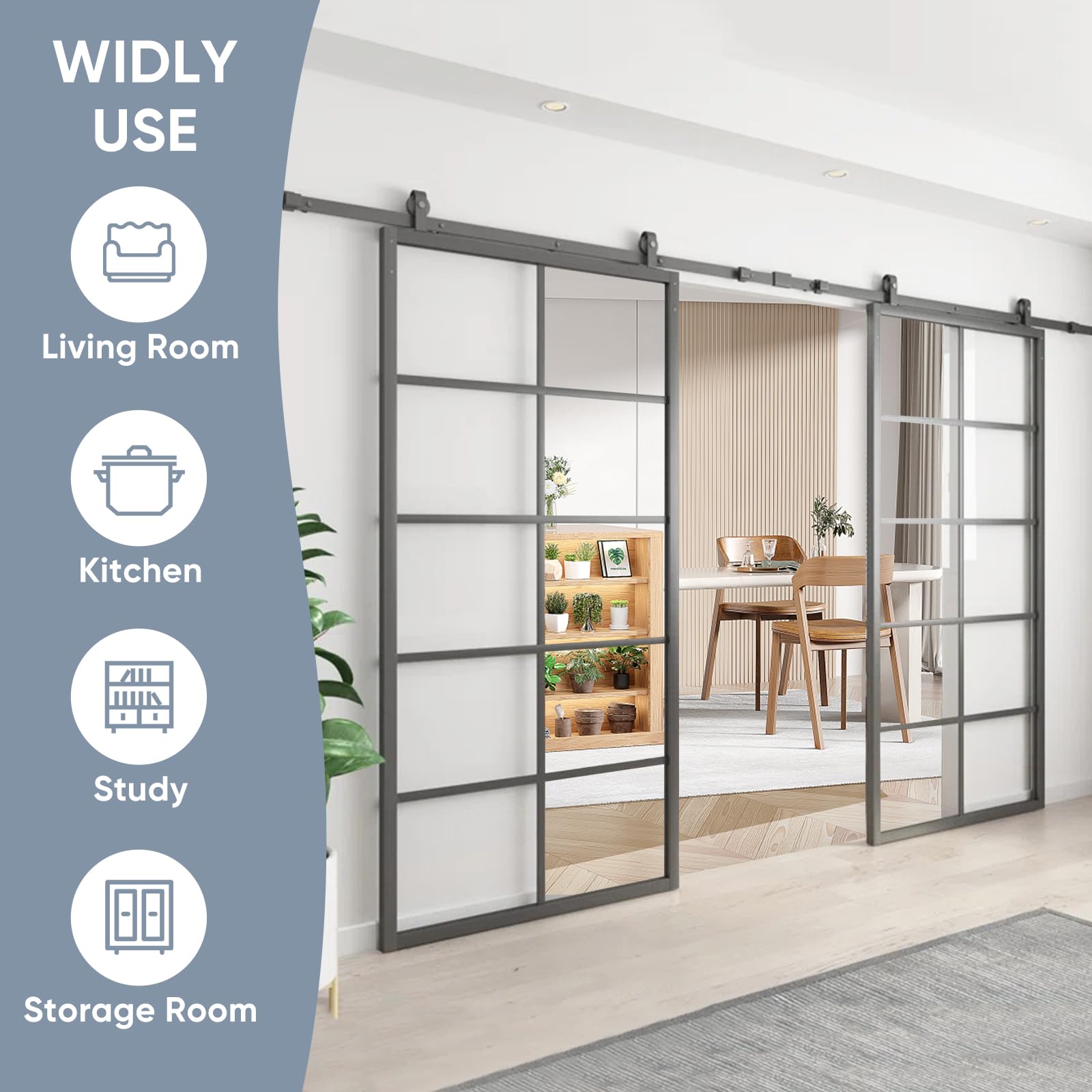 JUBEST Double Barn Door 84 x 84 in with 14FT Hardware Kit, 2 Sets of 42x84 in Clear Tempered Glass Aluminum Frame Barn Door,Pocket Interior Door, Easy Assembly,Black Top-Mounted Hardware