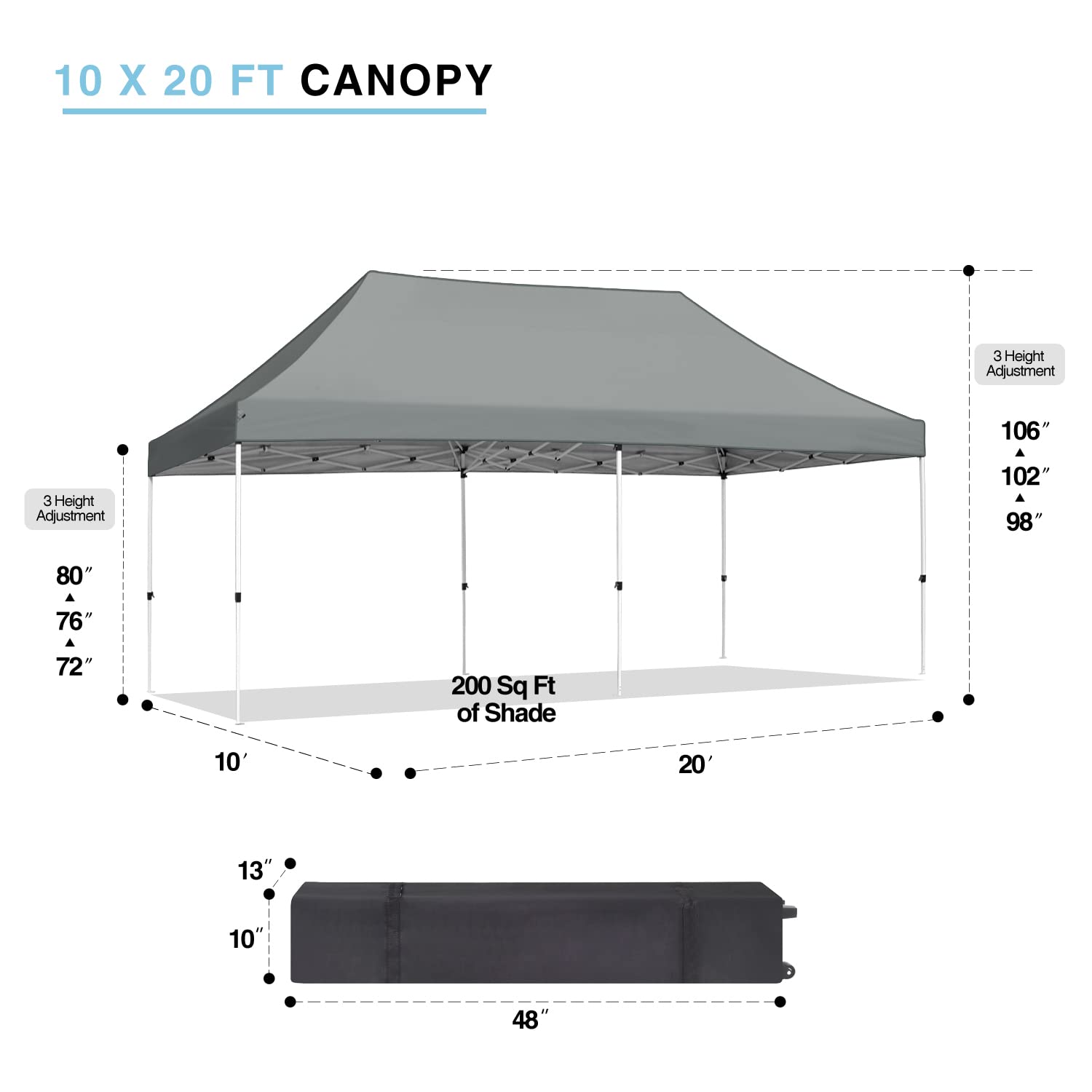 CAJECUS 10' x 20' Pop Up Canopy, Durable Easy Beach Canopy Tent, Waterproof Outdoor Canopy with 3 Adjustable Height, Roller Bag, 6 Sand Bags, 4 Ropes and 8 Stakes