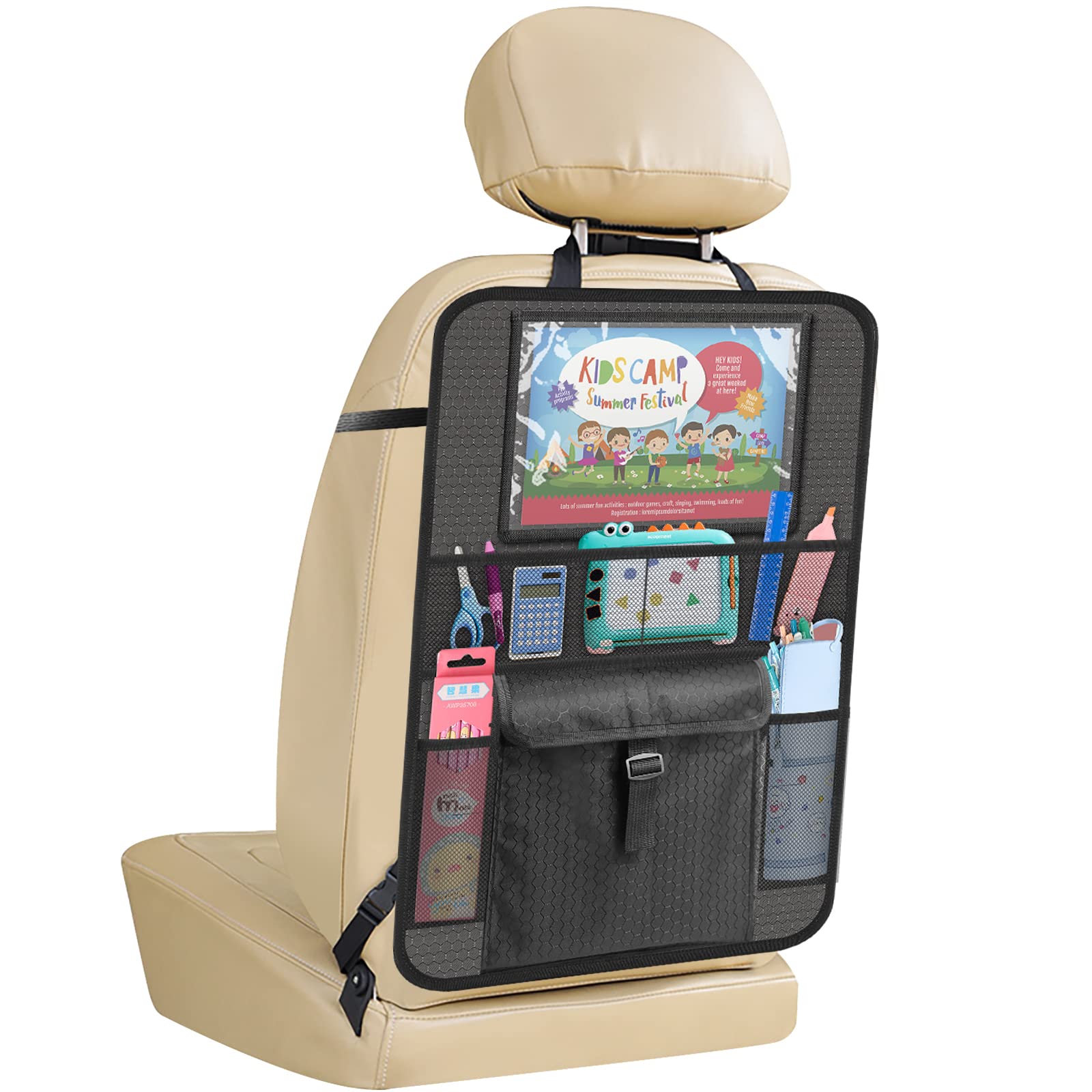 Ecurfu Backseat Car Organizer, Back Seat Protectors Kick Mats, Car Storage Bag with iPad Tablet Holder + 6 Storage Pockets for Kids Toddlers, Travel Accessories