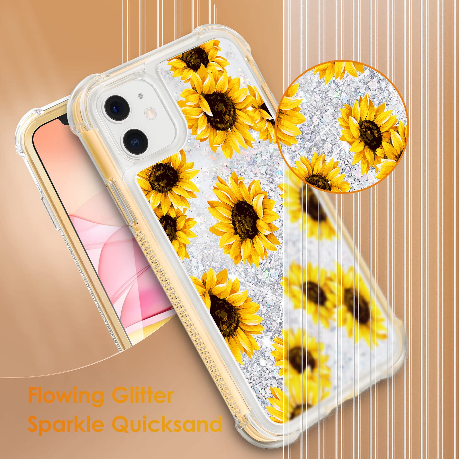 Caka Case for iPhone 11, iPhone 11 Phone Case with Screen Protector for Women Girls Girly Glitter Bling Full Body Protection Case Shockproof Rugged Case for iPhone 11 6.1 (Sunflower)