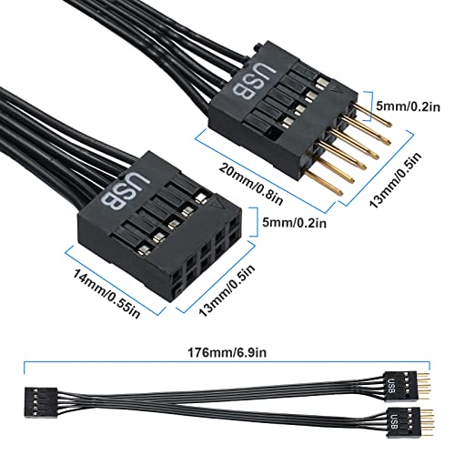 MZHOU 9-PIN USB2.0 Extension Cable, 9PIN to Dual PIN Extension Port,USB Cable for Computer Motherboard, Black