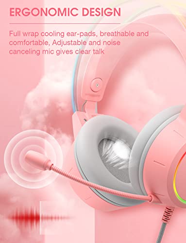 SIMGAL Gaming Headset with Mic, 3.5mm Lightweight Headphones with RGB Aluminum Frame, Surround Sound, Compatible with PS4 PS5 Xbox One(Adapter Not Included) PC Mobile Phone (Pink Without Antler)