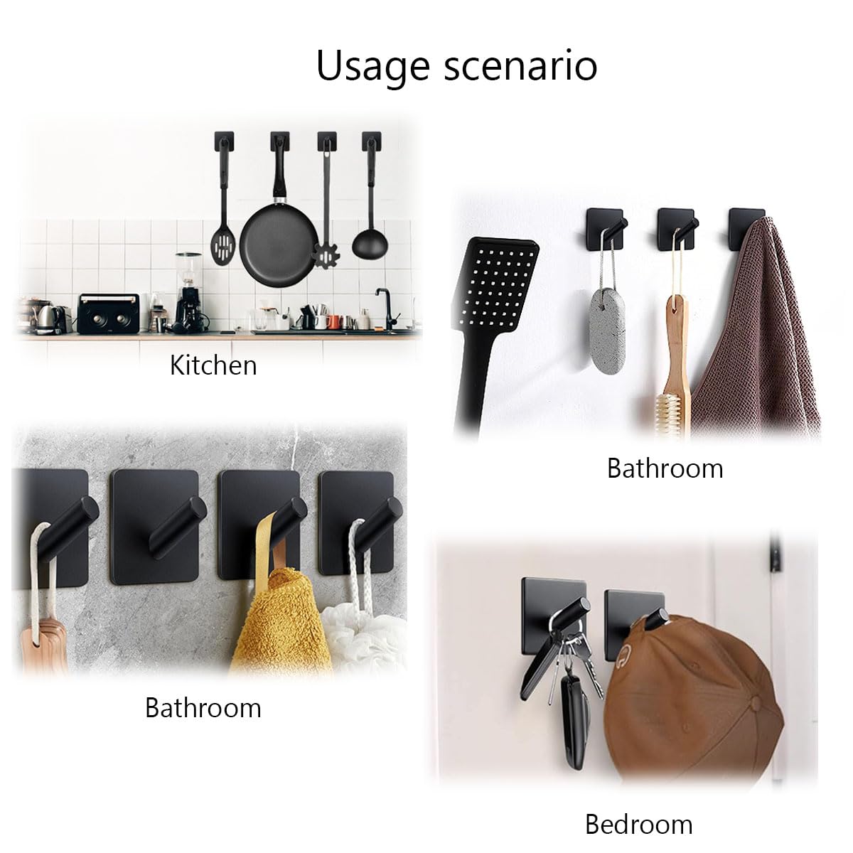 EDMILE Adhesive Towel Hooks 6 Pack, Bath Towel Hooks, Adhesive Wall Hooks for Bathroom Coat Robe Kitchen, Stainless Steel self-Adhesive Hooks, Black
