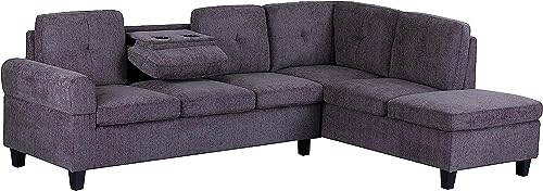 EMKK Modern Sectional Sofa Set Left Right Chaise Lounge & Storage Ottoman Upholstered Corner L Shaped Sofá Living Room Couch w/Cup Holder, Arm Nail for Home/Office, Grey Leftchaise
