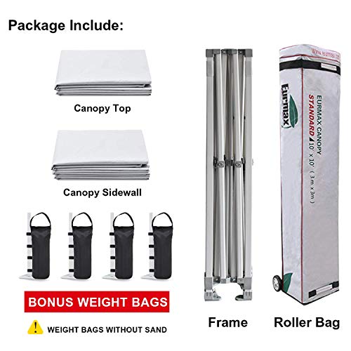 Eurmax USA 10'x10' Ez Pop-up Canopy Tent Commercial Instant Canopies with 4 Removable Zipper End Side Walls and Roller Bag, Bonus 4 SandBags(White)