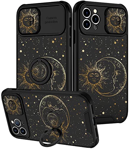 Goocrux (2in1 for iPhone 12 Pro Max Case Sun Moon Stars for Women Girls Cute Space Phone Cover Fashion Golden Star Print Design with Slide Camera Cover+Ring Holder Cases for iPhone 12 ProMax 6.7''
