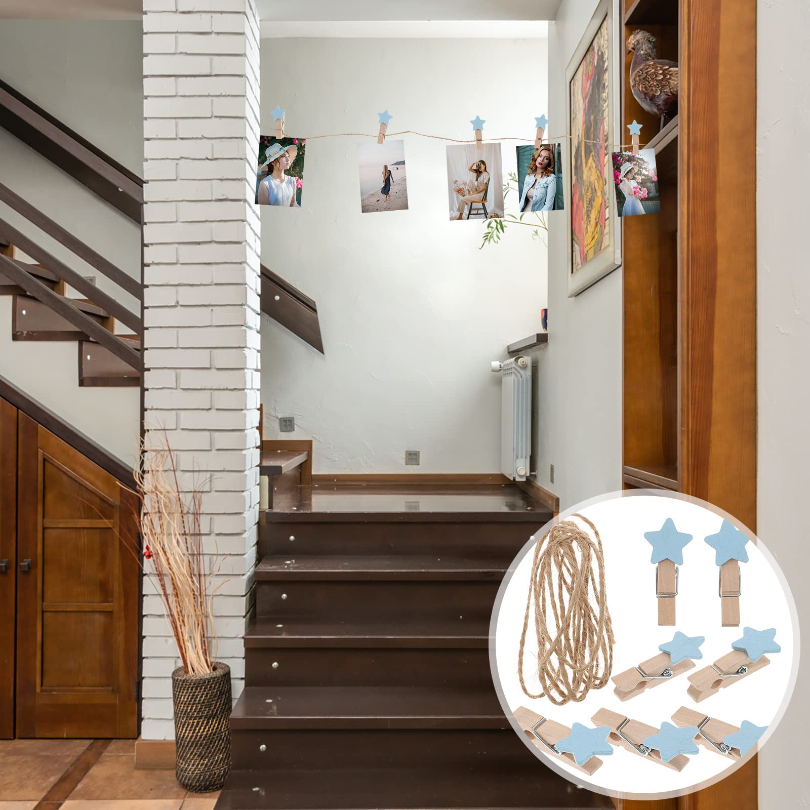 HEALLILY 100pcs Mini Wooden Clothespins Star Shape Wall Hanging Photo Clips Picture Pegs Craft Clips with Hemp Rope Blue
