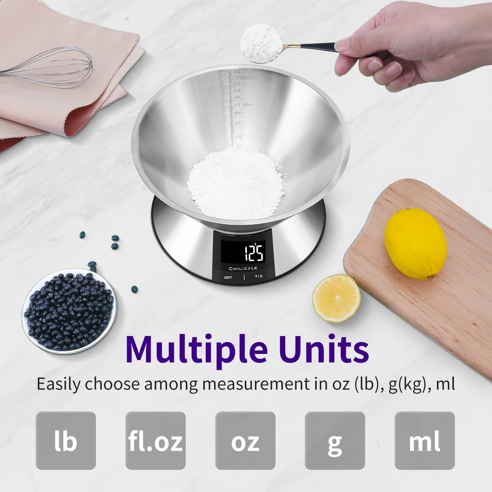 CHILIZZLE Food Scale with 304 Stainless Steel Bowl, Measures Liquids and Dray Ingredients, Digital Kitchen Weight Scale for Cooking or Baking