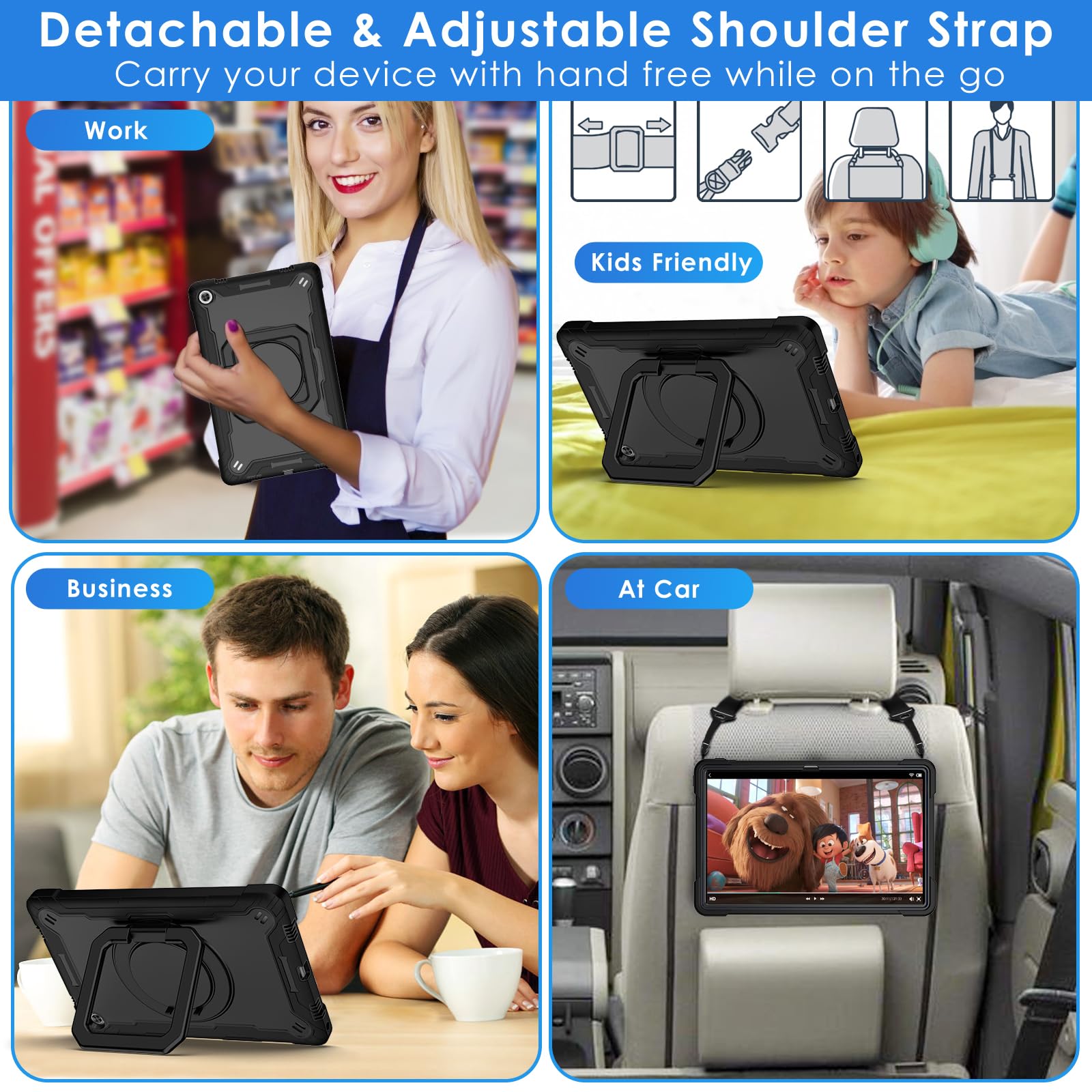 DETUOSI Hybrid Rotating Case for Lenovo Tab M10 Plus 10.6" 3rd Generation 2022 (TB-125FU/ TB-128F) with Shoulder Strap, 360 Degree Swivel Kickstand Heavy Duty Bumper Protective Shockproof Kids Cover