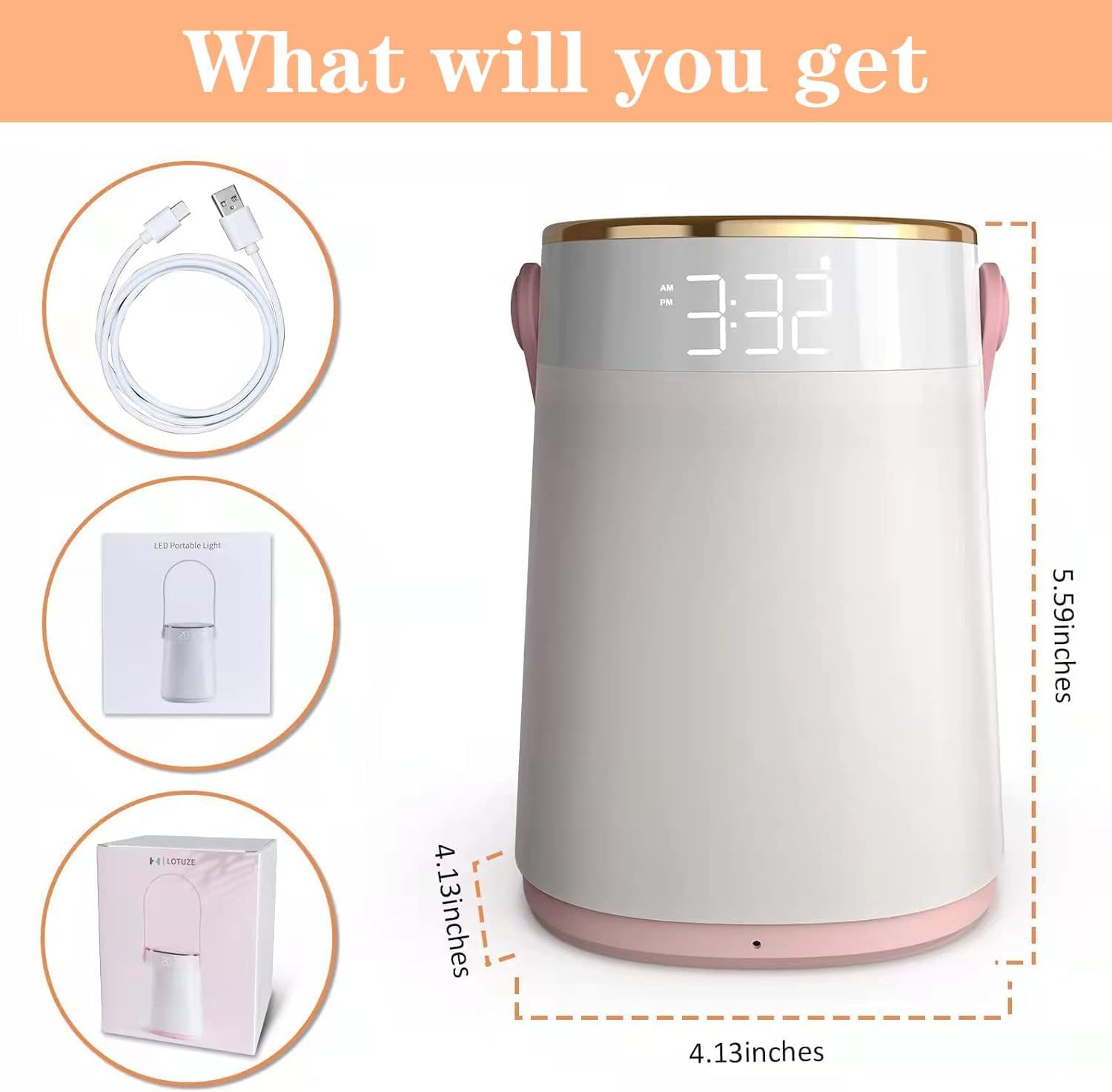 Lotuze Night Light Dimmable for Kids, Rechargeable Portable Touch Lamp with Alarm Clock, Nursery Night Light with Time and Temperature Display for Bedroom, Nursery