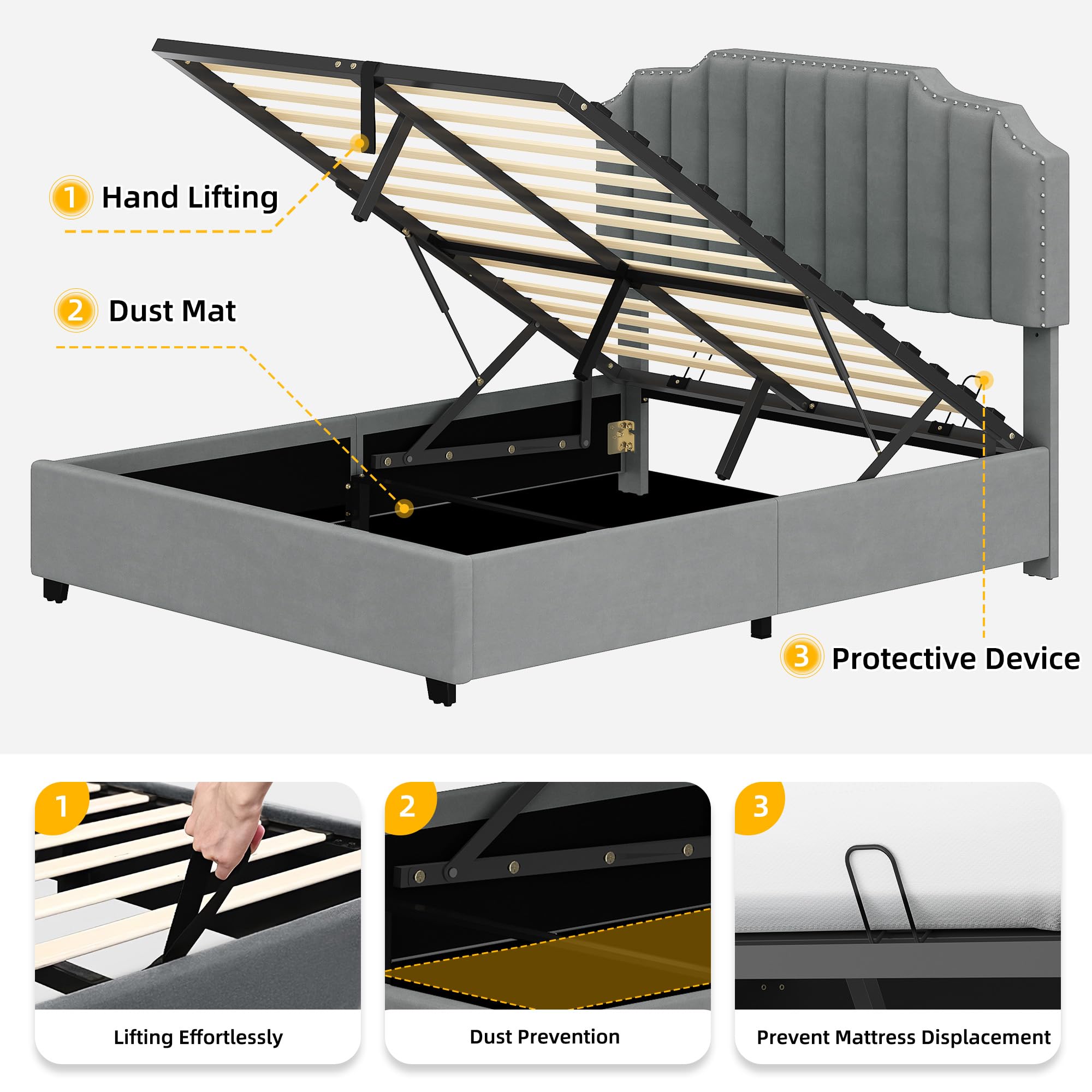 DWVO Full Size Lift Up Storage Bed Frame with Adjustable Upholstered Platform Headboard, Sturdy Wood Slats & Metal Base Support, Noise-Free No Box Spring Needed, Fast Assembly, Velvet, Grey