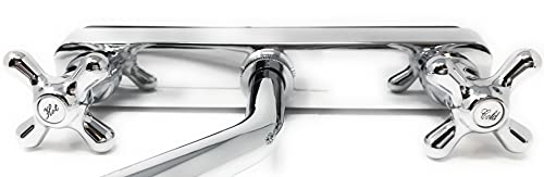 Chromed Surface 8" Two Handle Tall Stainless Steel Spout Kitchen Faucet 8 inch Center Hole [3015P] ADA No Lead, Plastic (POM) Body HI Rise Spout