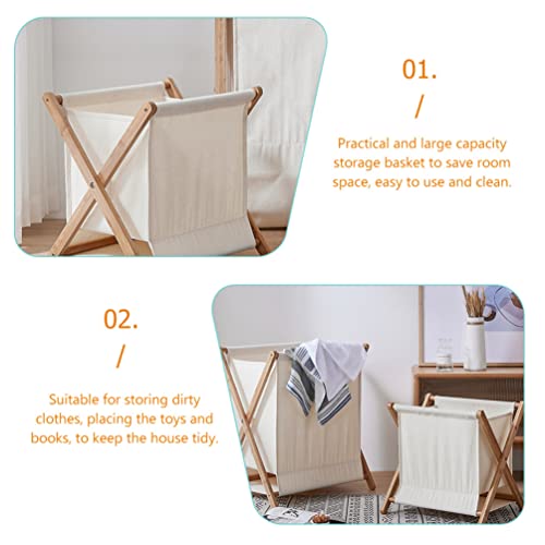 generic Laundry Basket Collapsible Bamboo Laundry Hamper with Cloth Bag - Freestanding X-Frame Clothes Hamper Organizer Household Storage Basket for Clothes Toys - Beige, 18x5x2 Inch
