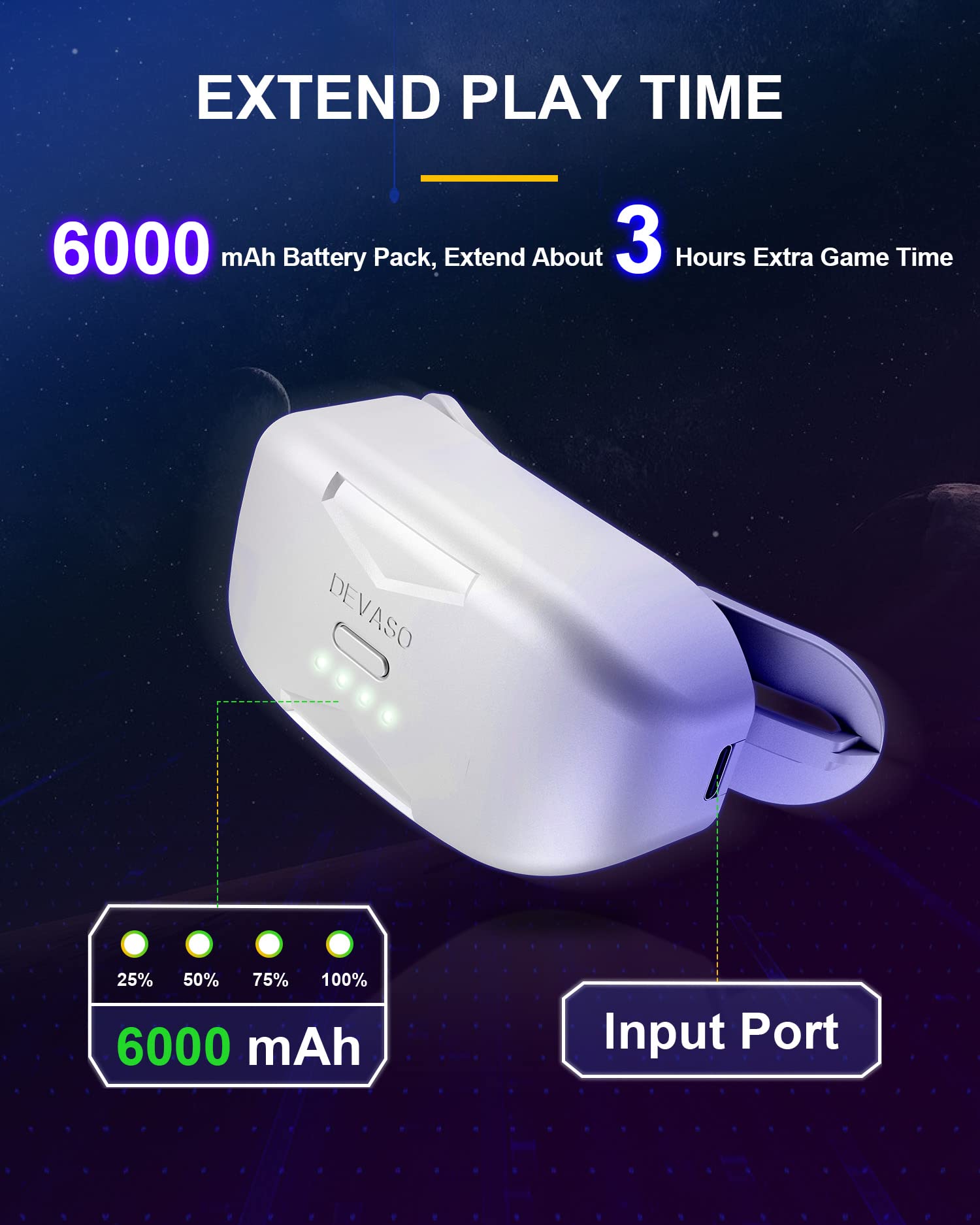 DEVASO Battery Pack for Meta Quest 2 / Quest 3 / Quest Pro, 6000mAh Rechargeable Portable Extended Battery Pack for Extra 3 Hours Playtime, Lightweight and Keep Counter Balance