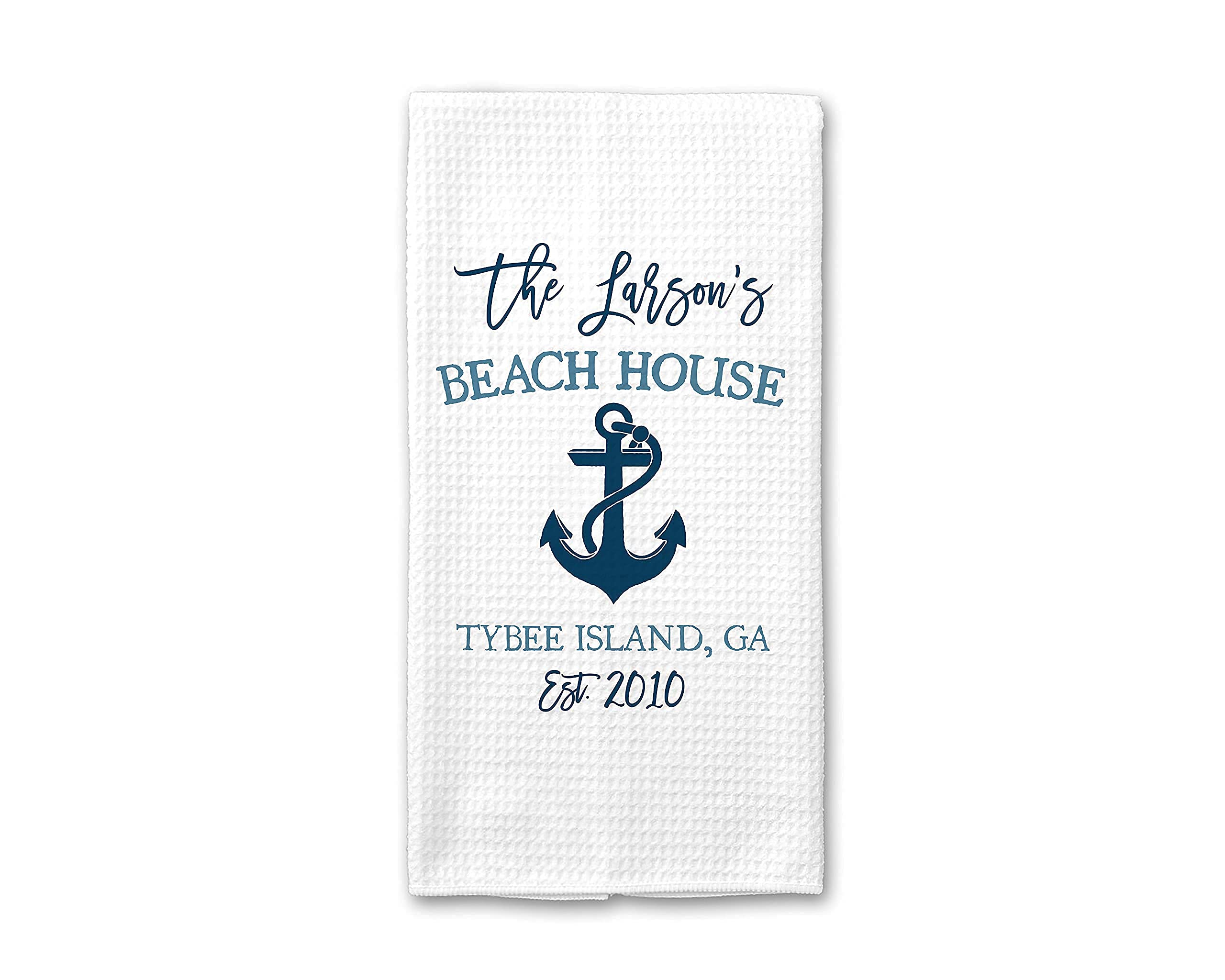 CANARY ROAD Personalized Beach House Kitchen Towel, Personalized Beach House Tea Towel, Family Name, Beach Kitchen Decor, Waffle Weave Towel, Coastal Gift, Beach Housewarming