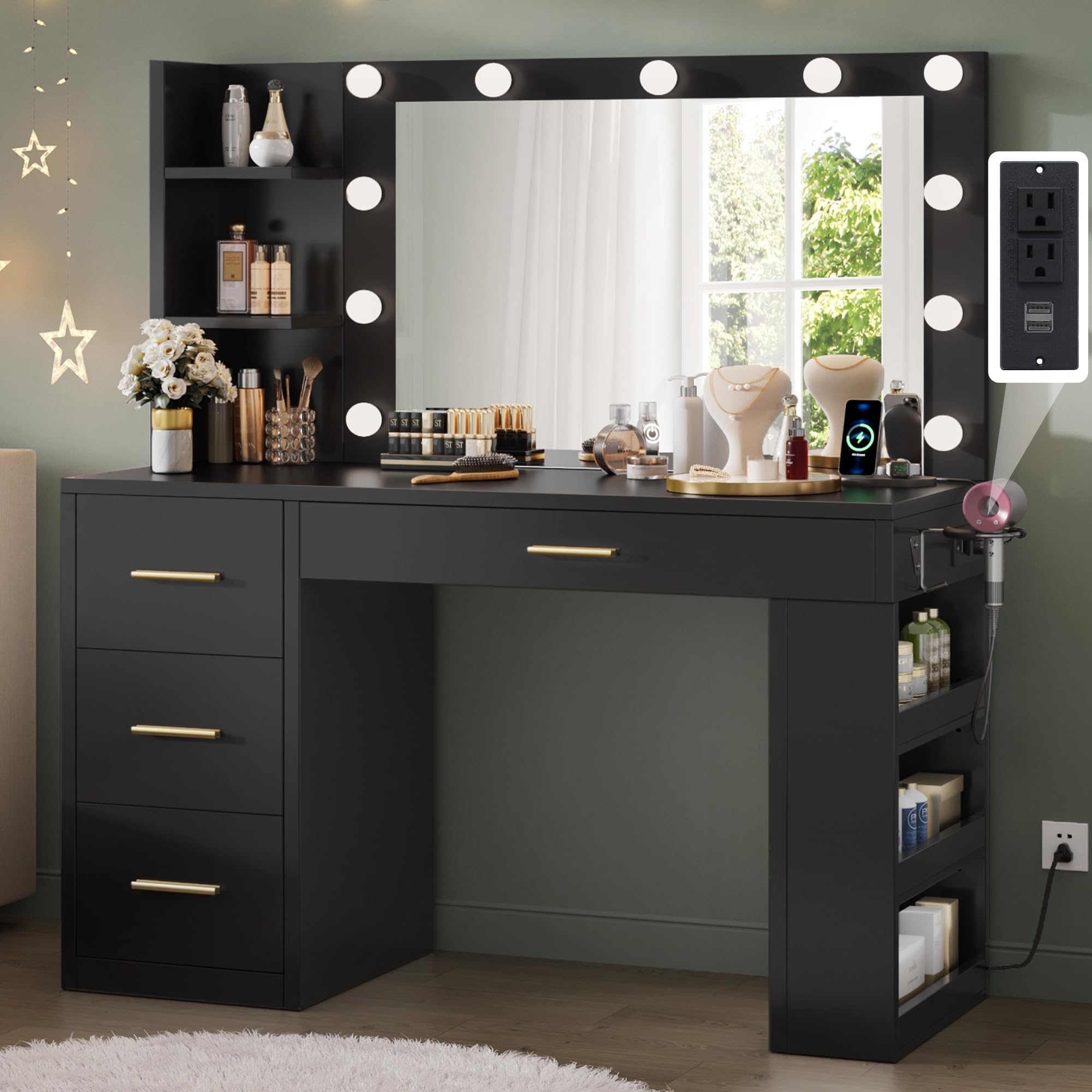 DWVO Makeup Vanity Desk with Mirror & Lights Bulbs, Vanity Table with Powers Strips 4 Drawers & 3 Storage Shelves, 3 Color Modes & Adjustable Brightness Dressing Table, Black