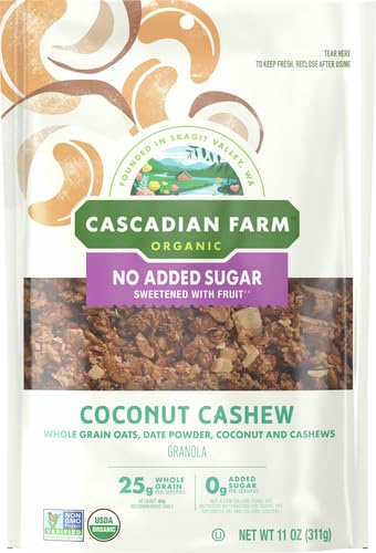 Cascadian Farm Organic Granola with No Added Sugar, Coconut Cashew Cereal, Resealable Pouch, 11 oz.