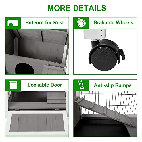 Gowoodhut Rabbit Cage On Wheels Outdoor Rabbit Hutch with Ramp, Pull Out Tray Indoor Wooden Guinea Pig House Bunny Hutch for for 1-2 Rabbit Guinea Pig Hedgehogs (GREYWHITE)