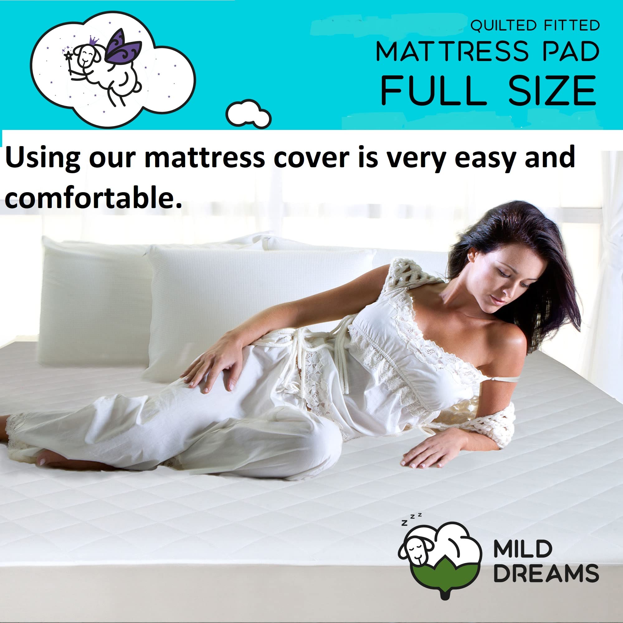 Full Mattress Pad Cover Fitted - Full Bed Mattress Cover Size 54x75 inches Stretches to 16 Deep Pocket- Fitted Quilted Sheet for Full Mattress, White