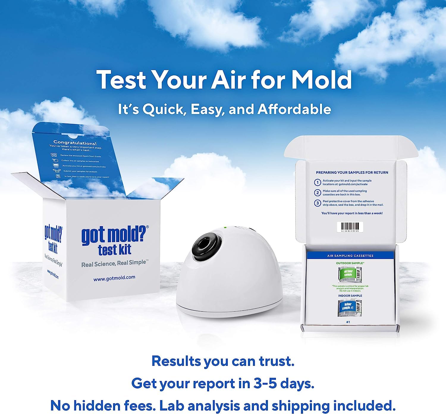 GOT MOLD? Professional Quality Mold Test Kit | Air Sampling w/Reusable BioVac™ Air Sampler | Lab Fees Included | Full Mold Type and Quantity Analysis | 1, 2 & 3-Room Test Kits & Refills | 1 ROOM KIT