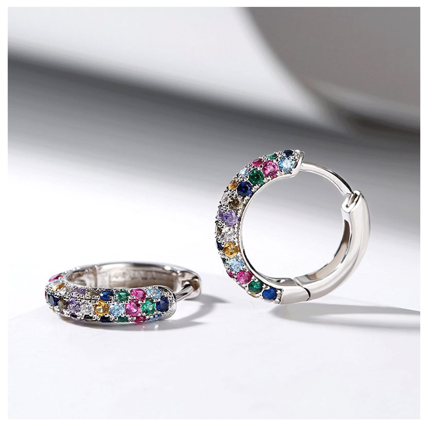 Colorful Zircon Earrings Silver Huggie Hoop Earrings Dainty Stud Earrings CZ Simple Earrings Personalized Gift for Women (Silver)