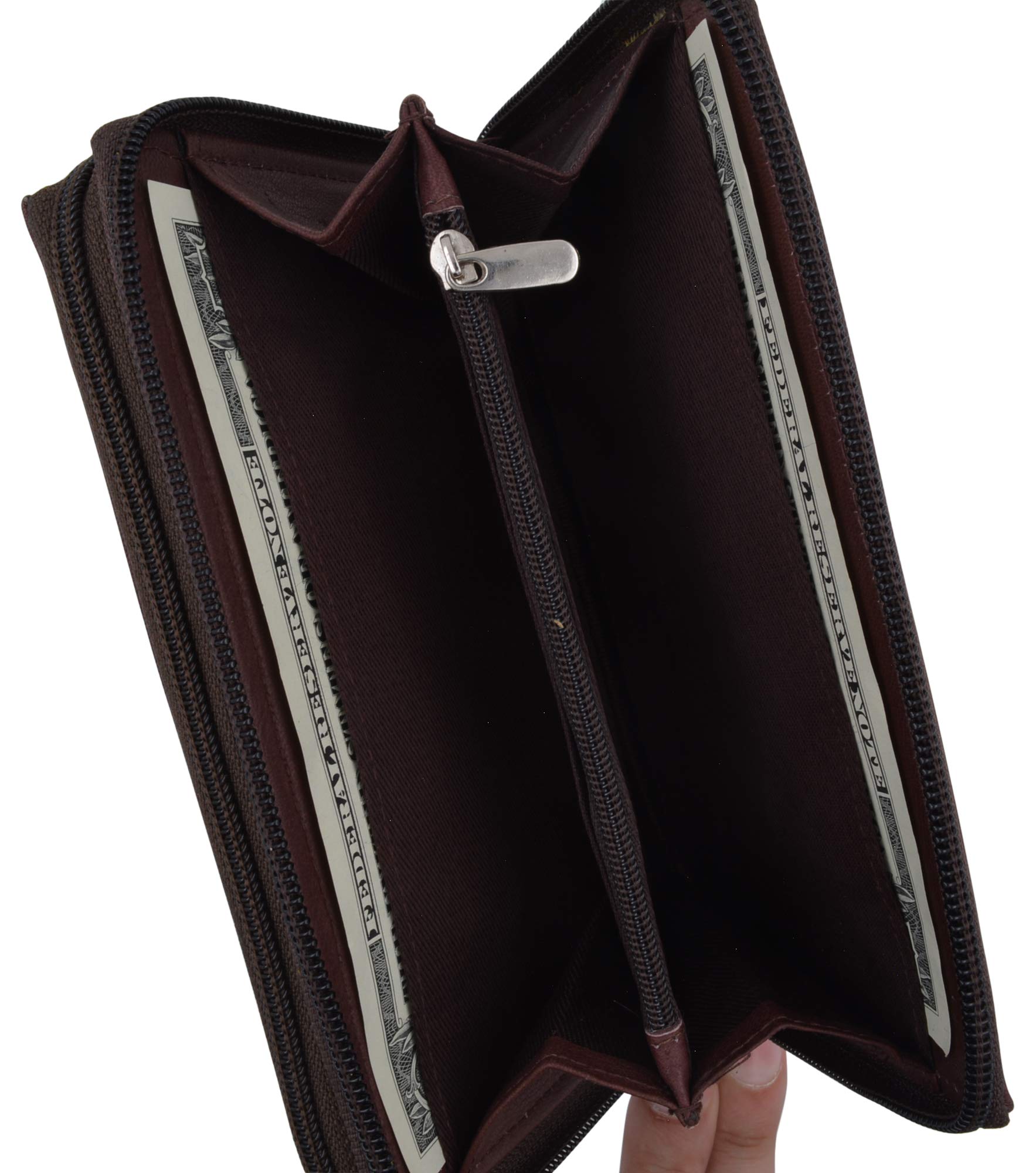 Swiss Marshall Womens Wallet Genuine Leather Double Zip Around Phone Clutch Large Travel Purse Ladies Wallet (Brown)