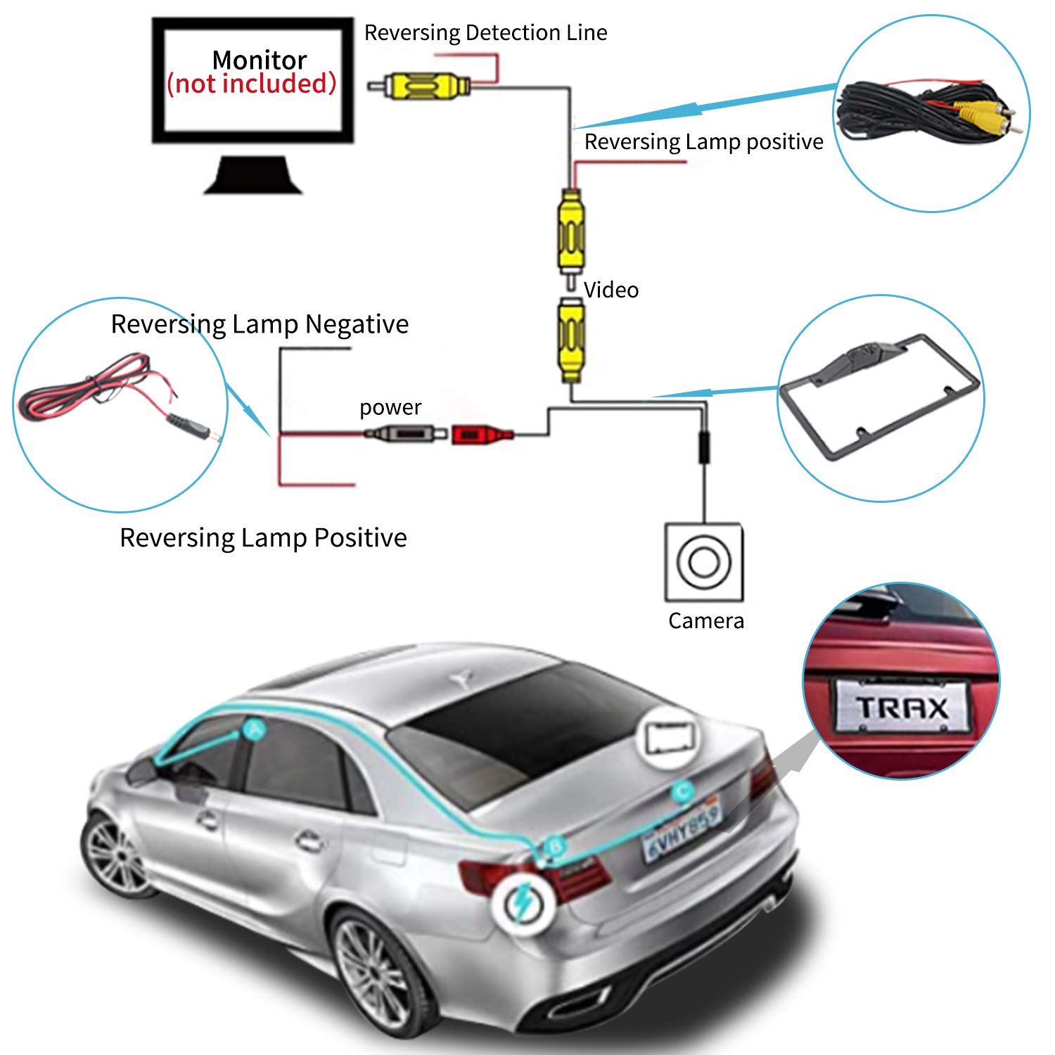 BY-J License Plate Frame with Car Reverse Backup Radar System, Parking Detector Monitor with Radar Sensor, 170 Degrees Night Vision Rear View Backup Camera, Parking Sensor Kit, for Car Pickup SUV