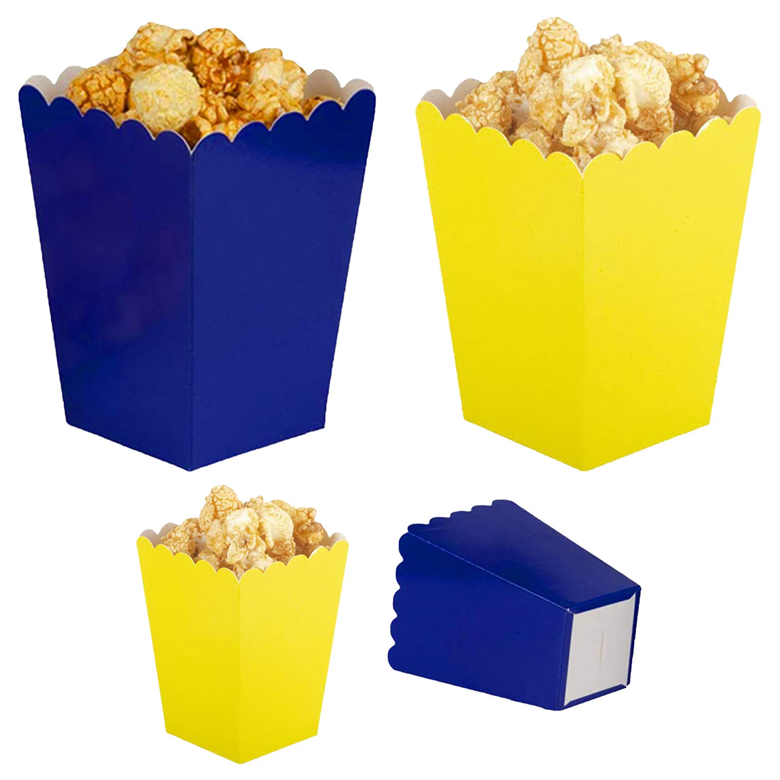 CC Wonderland Navy Blue and Yellow Popcorn Boxes Small Paper Popcorn Boxes Mini Cardboard Popcorn Boxes, Popcorn Containers for Party Decoration, Pack of 24
