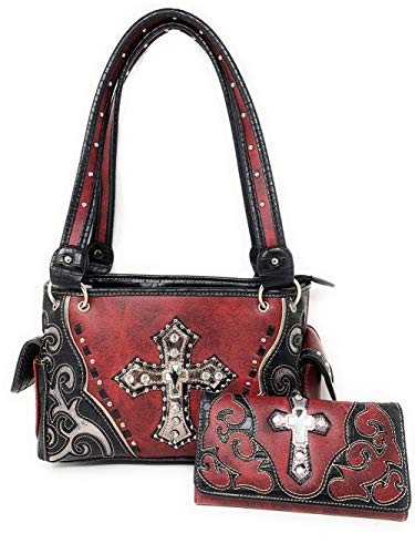 Premium Rhinestone Cross Cut Out Western Embroidered Womens Concealed Carry Handbag With Matching Wallet in 5 colors (Red)