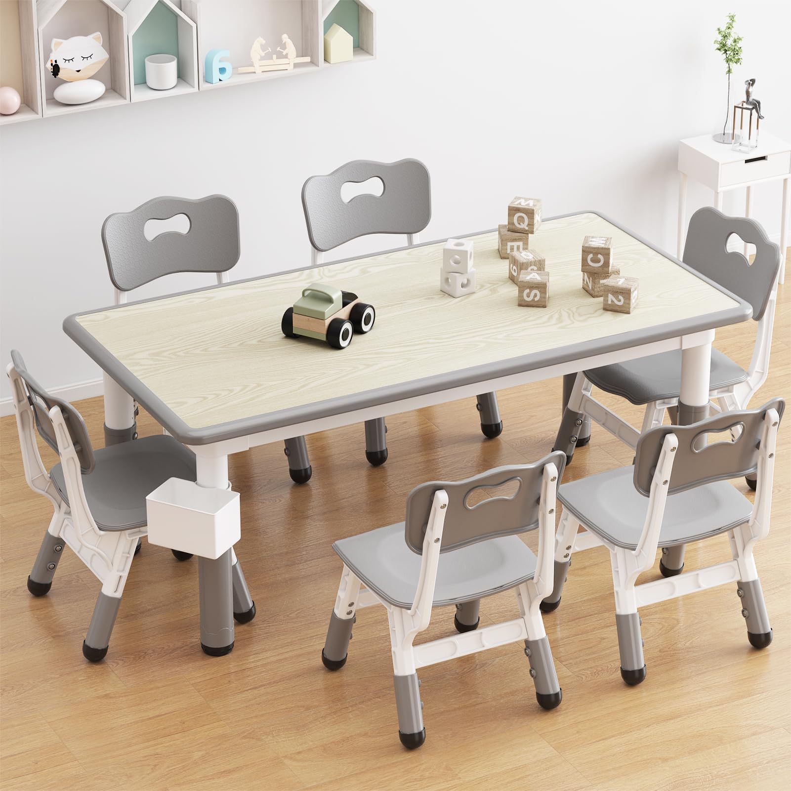 GAOMON Kids Table and 6 Chairs Set with Storage Box, Height Adjustable Toddler Table and Chair Set for Ages 2-10, Graffiti Desktop, Non-Slip Legs, Children Activity Table for Daycare Classroom Home