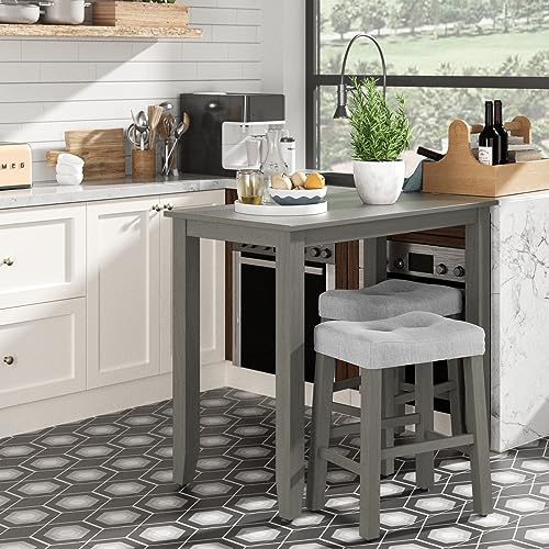 Nathaniel Home 3 Piece Table Set Counter Height Dining Furniture One Bench and Two Saddle Stools, Gray